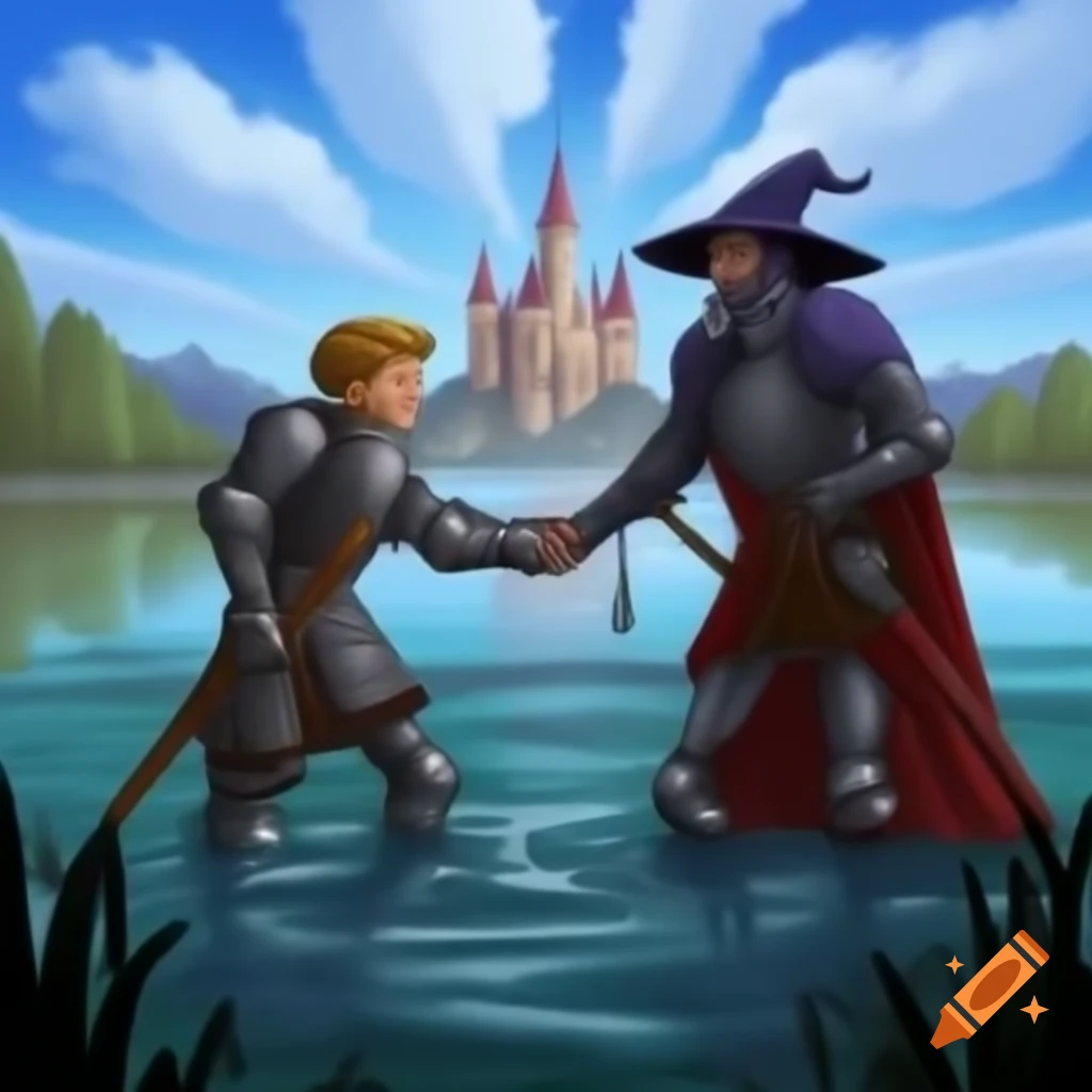 Knight and wizard ready for battle on lake shore, with magical elements ...