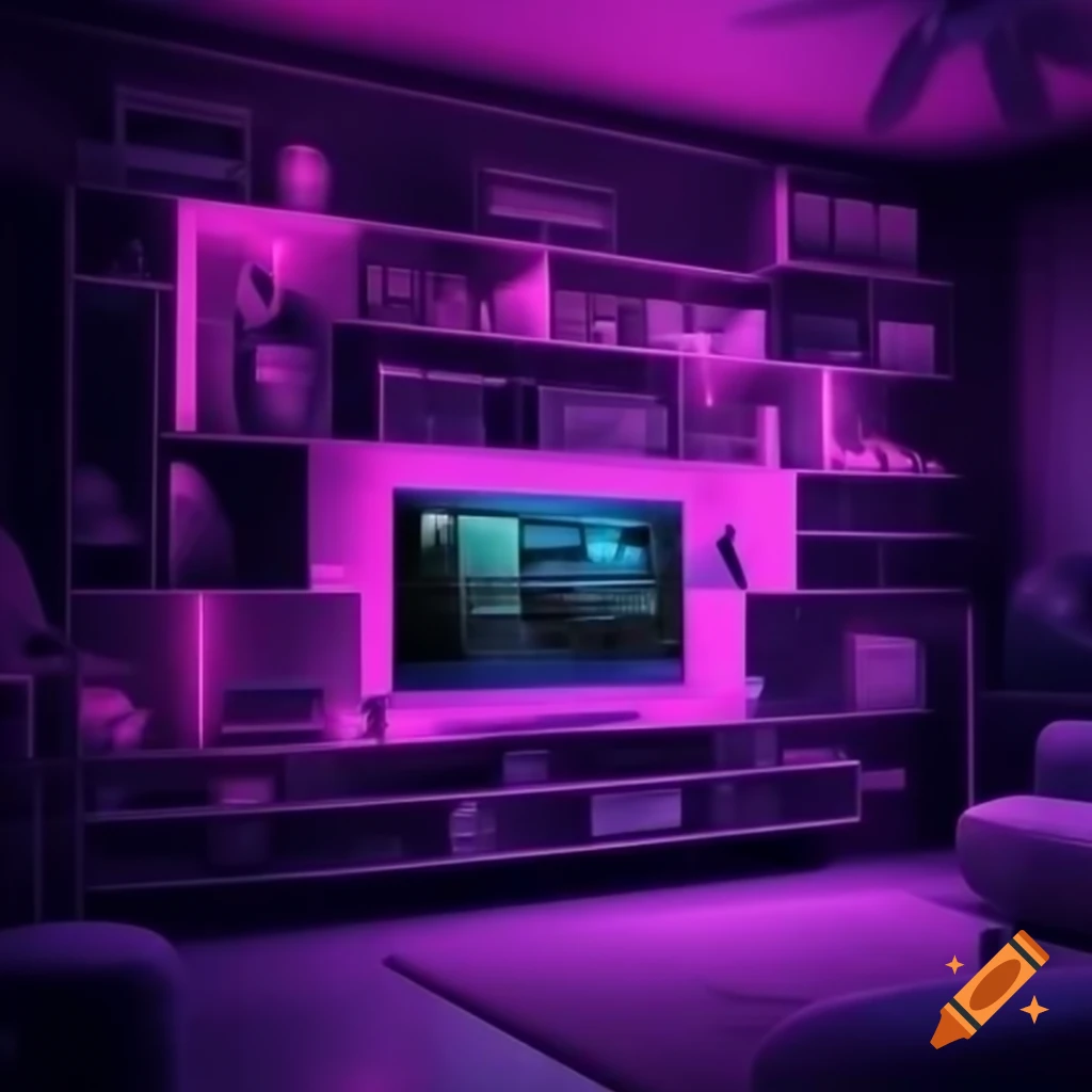 Neon retro style wall design featuring television and console storage ...
