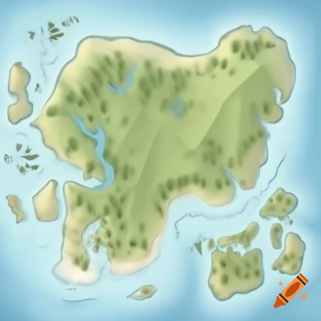 Detailed map of small island showcasing mountains, rivers, and forests ...