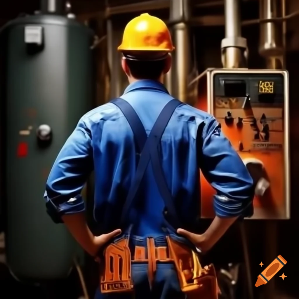 Plumber inspecting boiler room, viewed from behind, in blue and orange ...