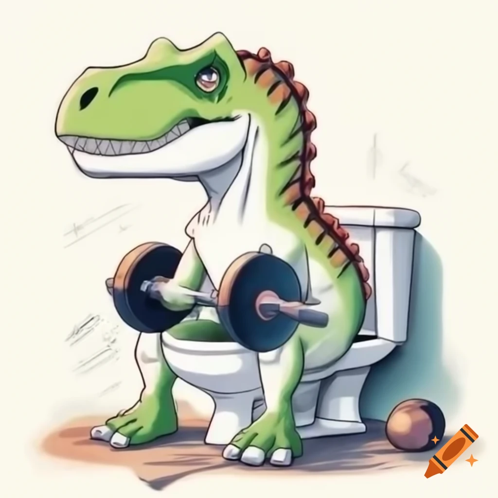 Manga style tyrannosaurus rex lifting weights on barbell while sitting on toilet on Craiyon