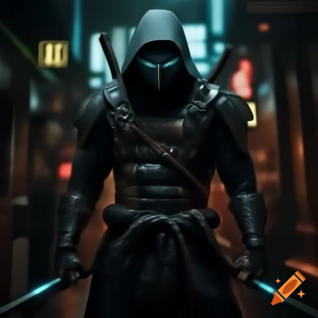 Cyborg ninja in dark armor with katana swords in a vibrant metropolis ...