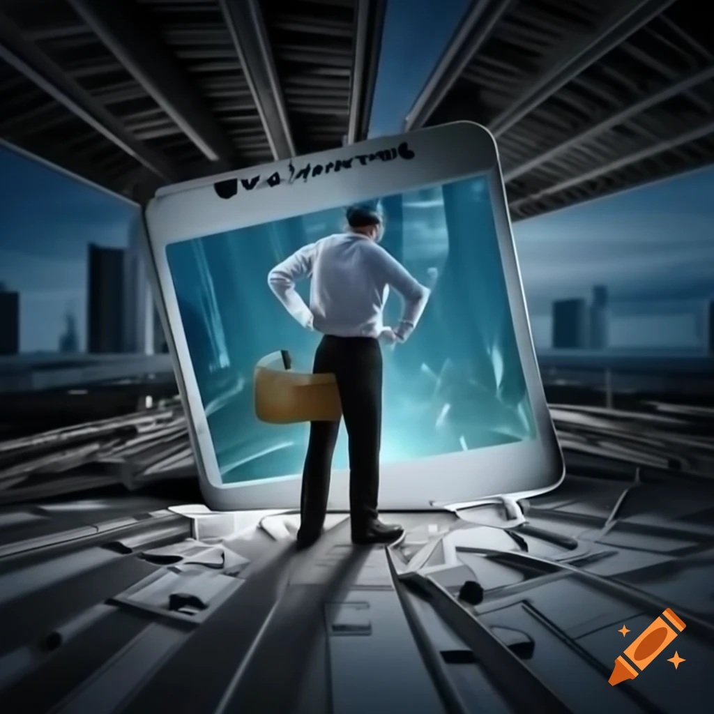 Construction worker shocked by shattered tablet with crumbling digital ...