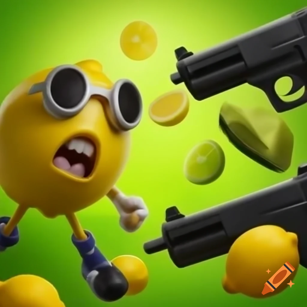 Lemon and lime cartoon characters playfully battling with guns on Craiyon