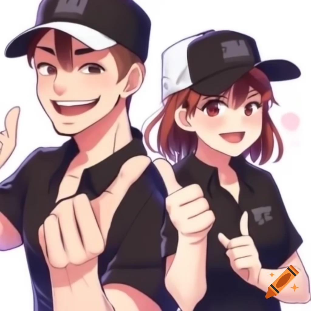 Anime couple in black caps giving thumbs up, full-body illustration on ...