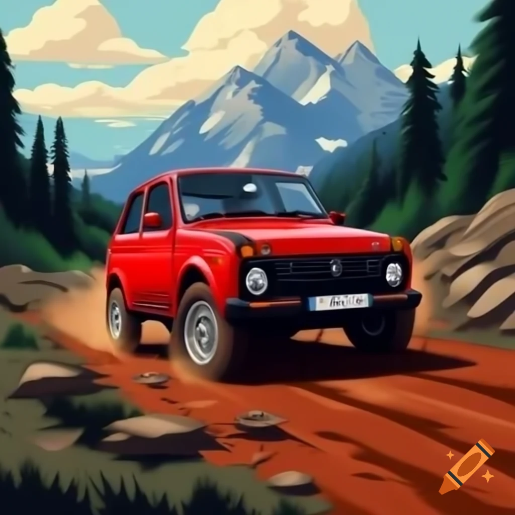 Red Lada Niva driving through forest and mountains, scattering dirt on ...