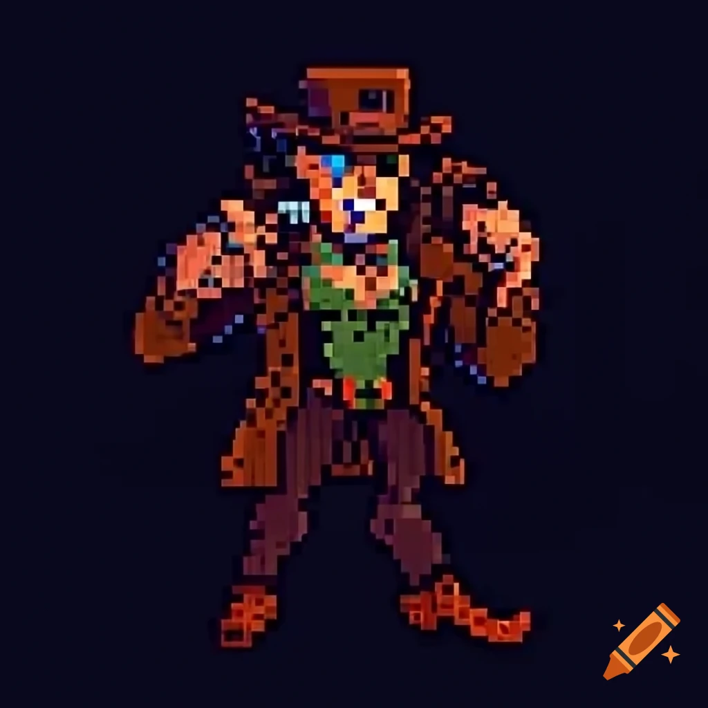 Pixel art detective character design with trench coat and fedora on Craiyon