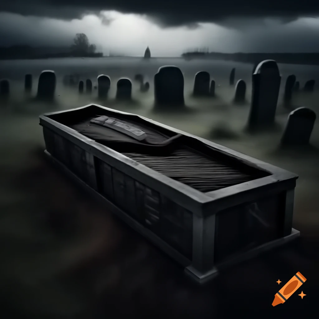 Open weathered black coffin in graveyard on stormy night on Craiyon