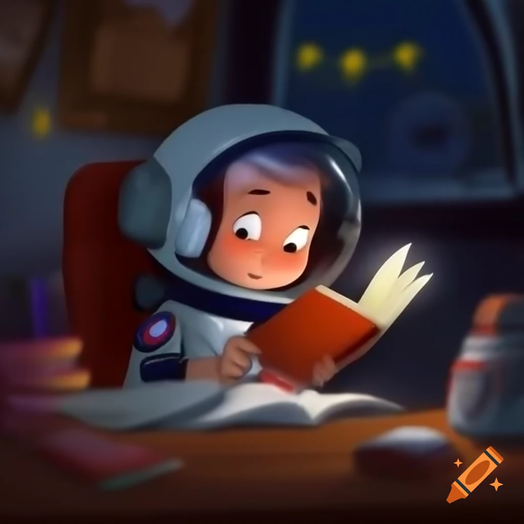 Happy girl astronaut reading in space on Craiyon