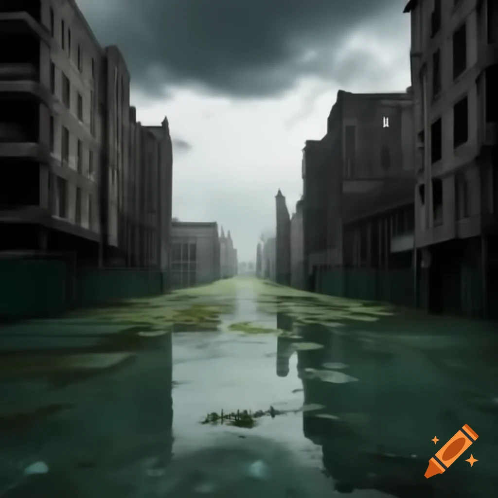 Derelict city with pollution and flooding from ground perspective on ...