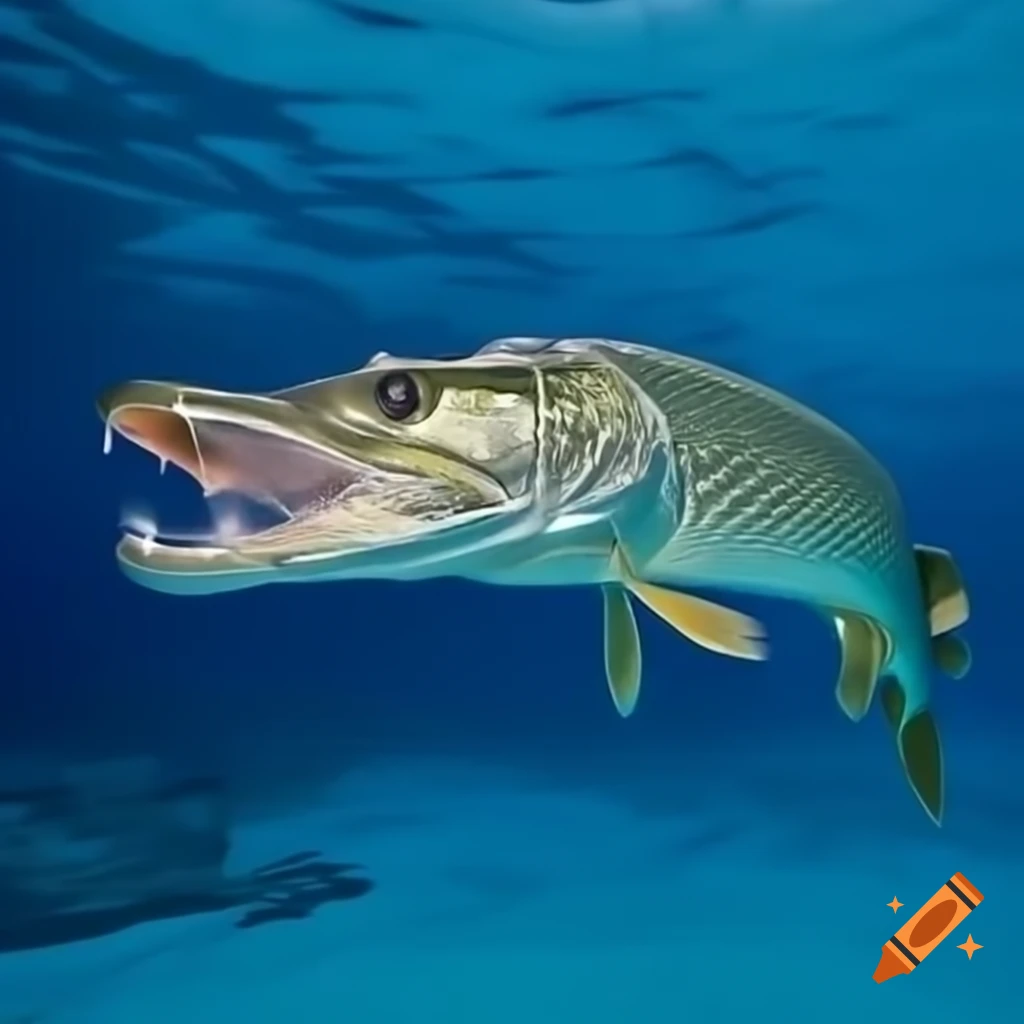 Northern Pike swimming aggressively toward the viewer against blue ...