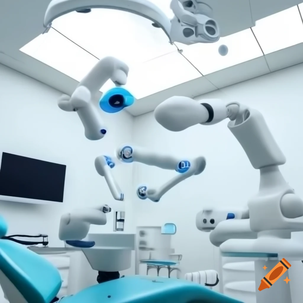 Futuristic robot dentist performing dental work on Craiyon