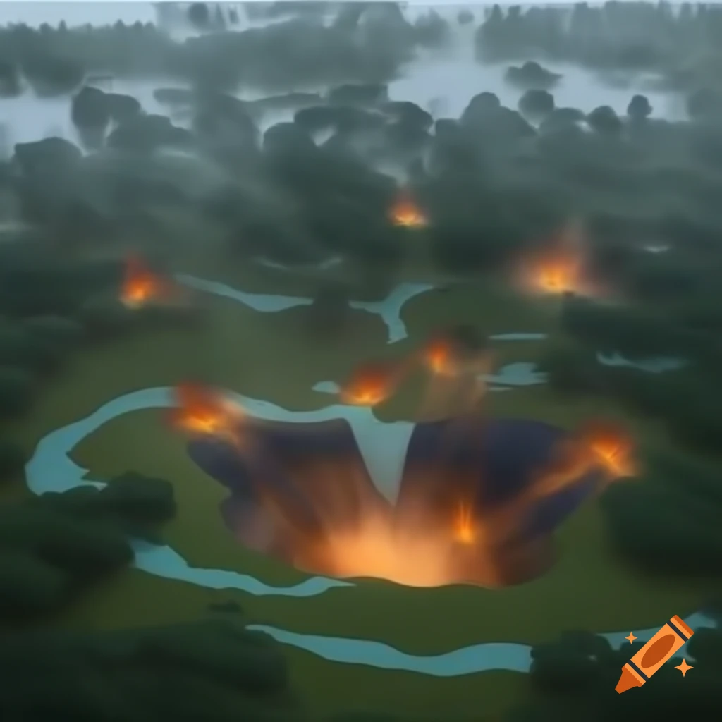 3D animation of a park affected by natural disasters, smoke and ...