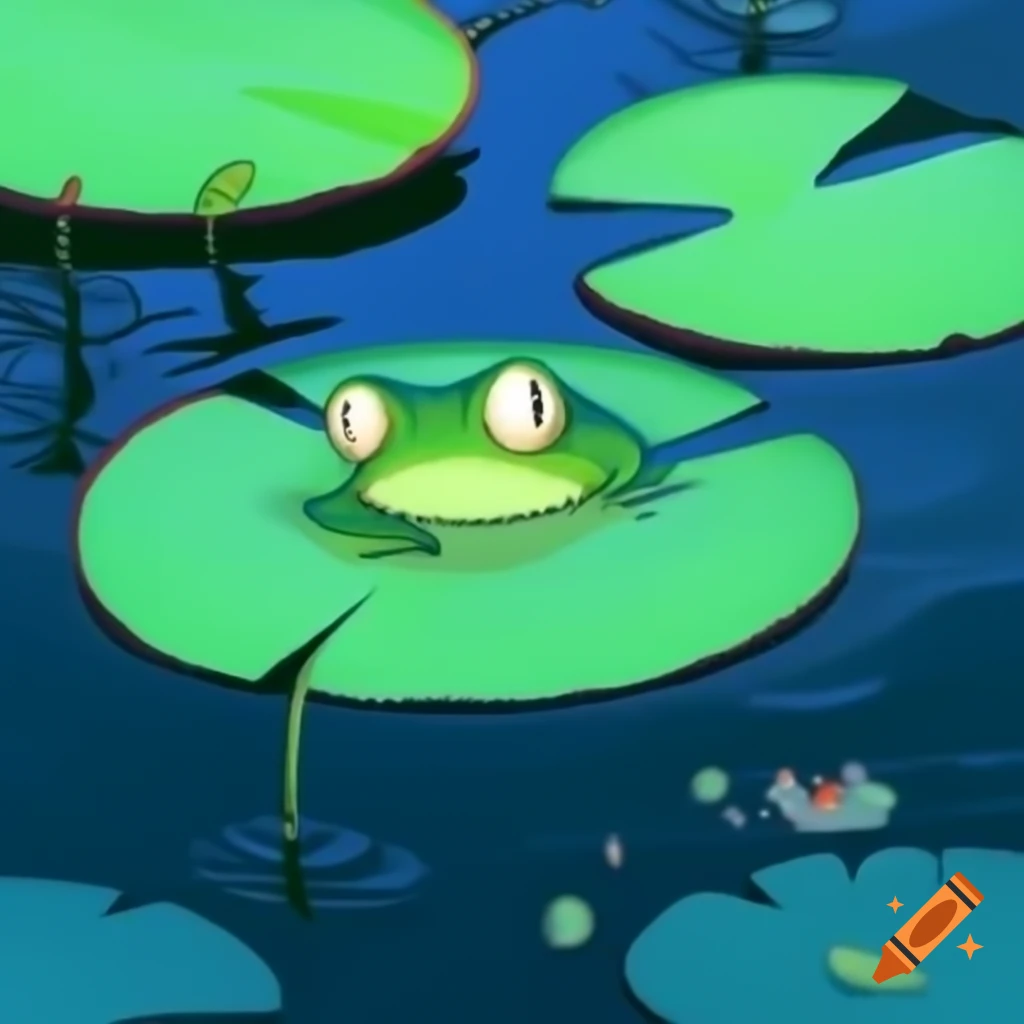 Anime-style pond scene with frog heroically saving mouse on lily pad on ...