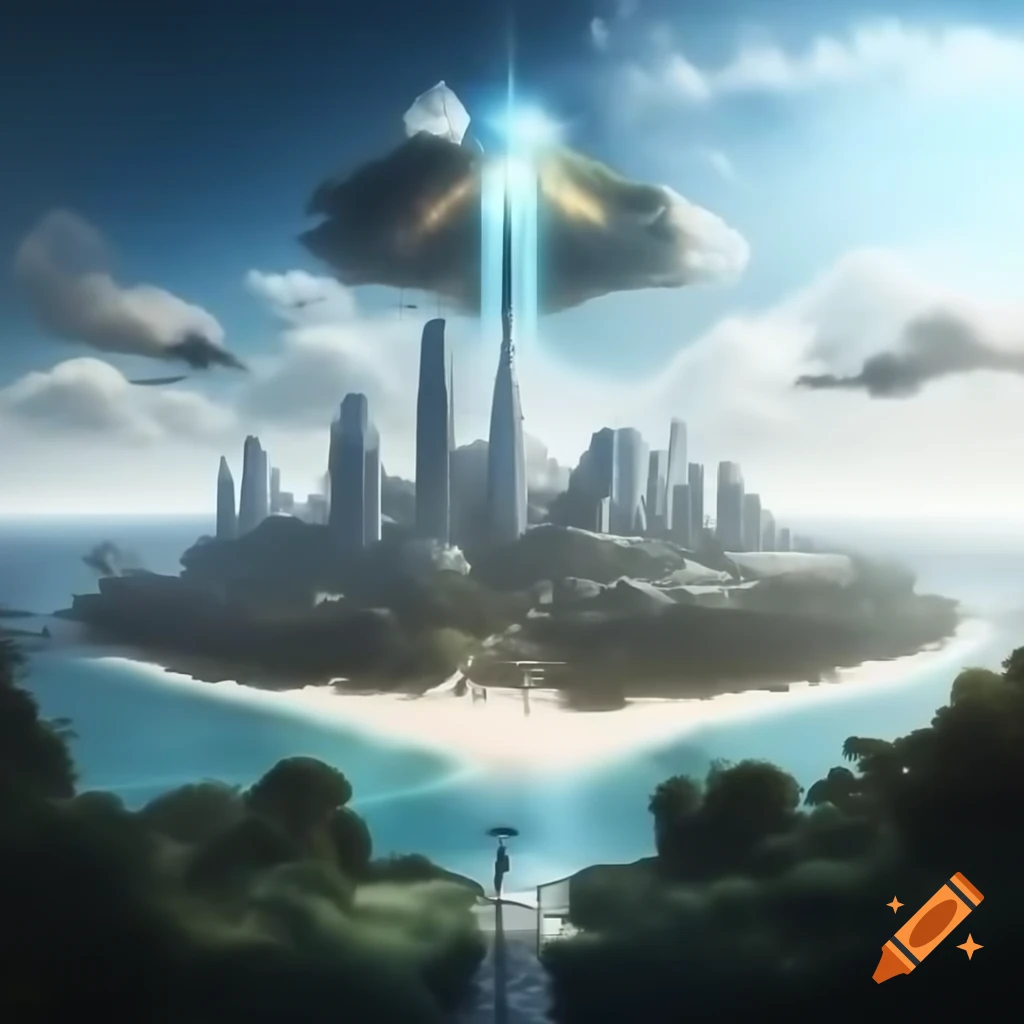 Futuristic island city with skyscrapers, beaches, and integrated nature ...