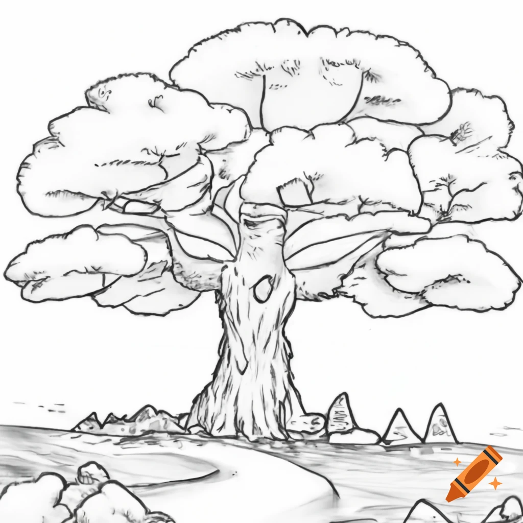Outline sketch of a large central tree with a winding path on Craiyon