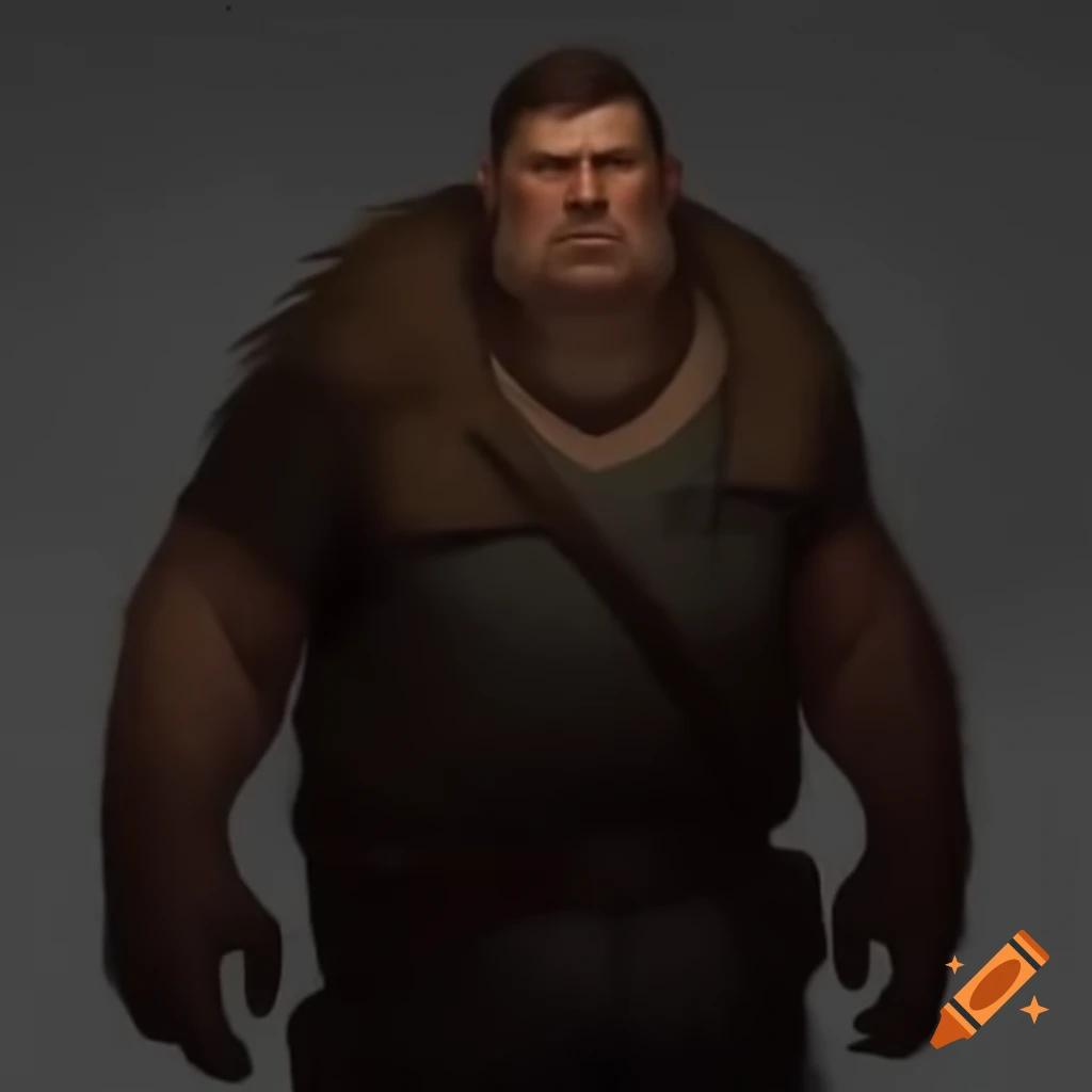 Robust, hairy man in worn clothing with an intense expression on Craiyon