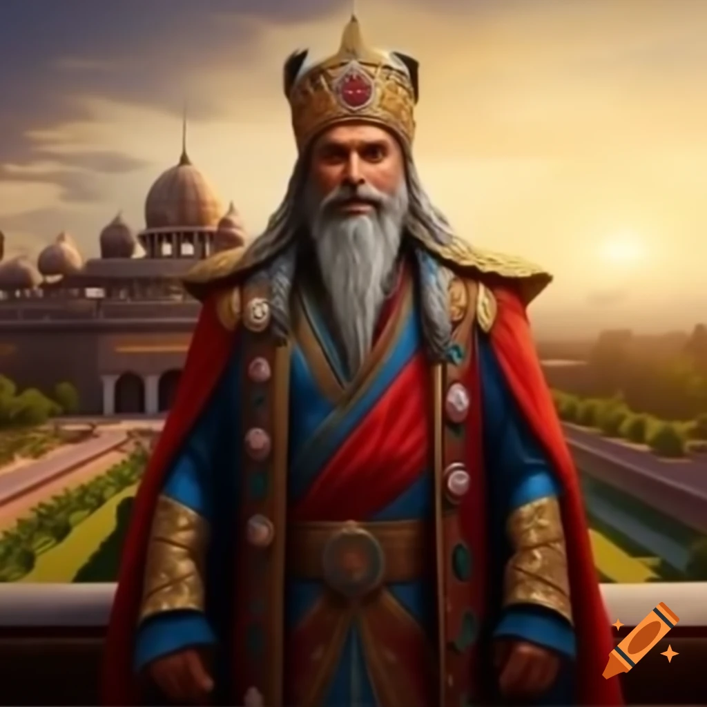 Majestic Indian king in golden crown and royal robe in front of grand ...