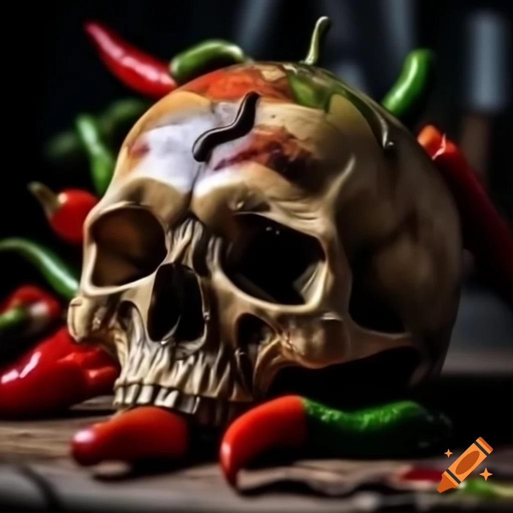 Realistic skull adorned with vibrant red and green peppers on Craiyon