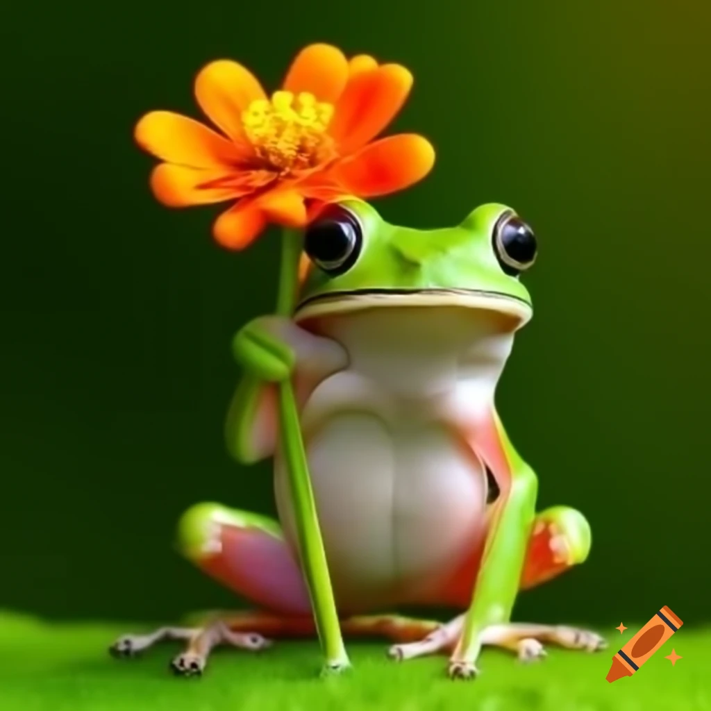 Cute frog sitting in the center of a vivid flower on Craiyon