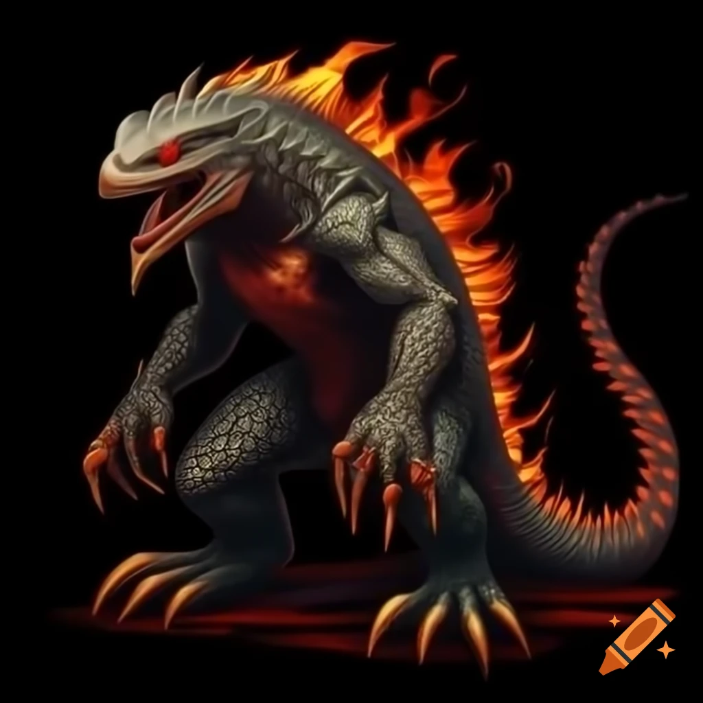 Fearsome fire-breathing lizard with glowing red eyes and spiked tail on ...