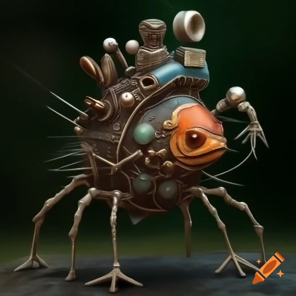 Steampunk goldfish chimera with iron helmet and frog legs in cyberpunk ...