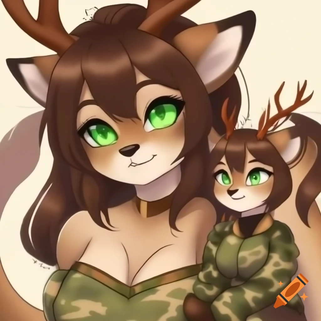 Anthro deer woman with green eyes and camo jumpsuit setting up tent on Craiyon