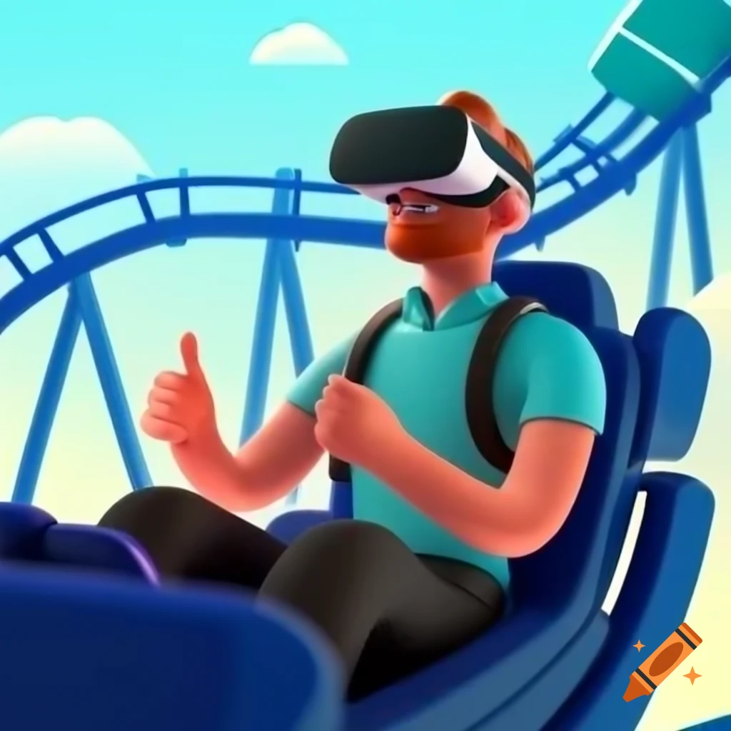 Person wearing vr headset experiencing roller coaster ride on Craiyon