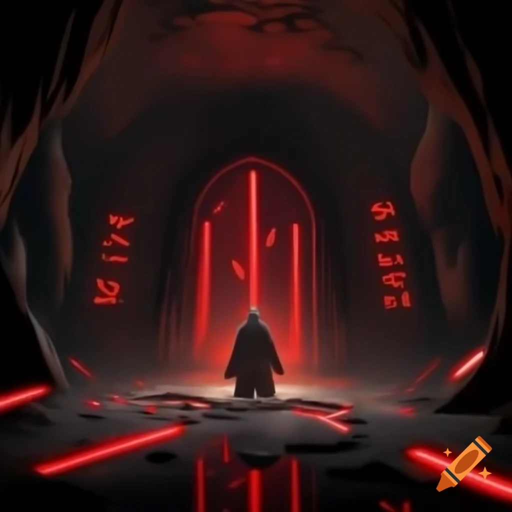 Obi-Wan Kenobi in dark cave with glowing red altar and Sith runes, Star ...