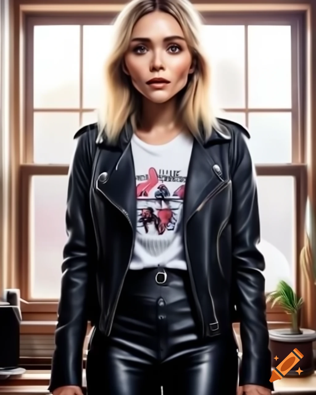 Ultra HD portrait of blonde actress in punk style with leather biker ...