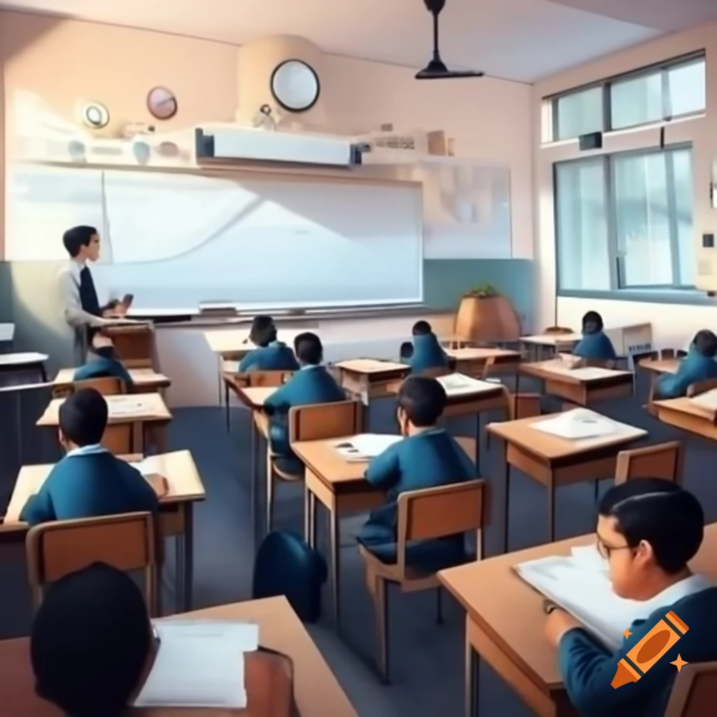 Classroom scene with students, teacher, clock, and whiteboard on Craiyon