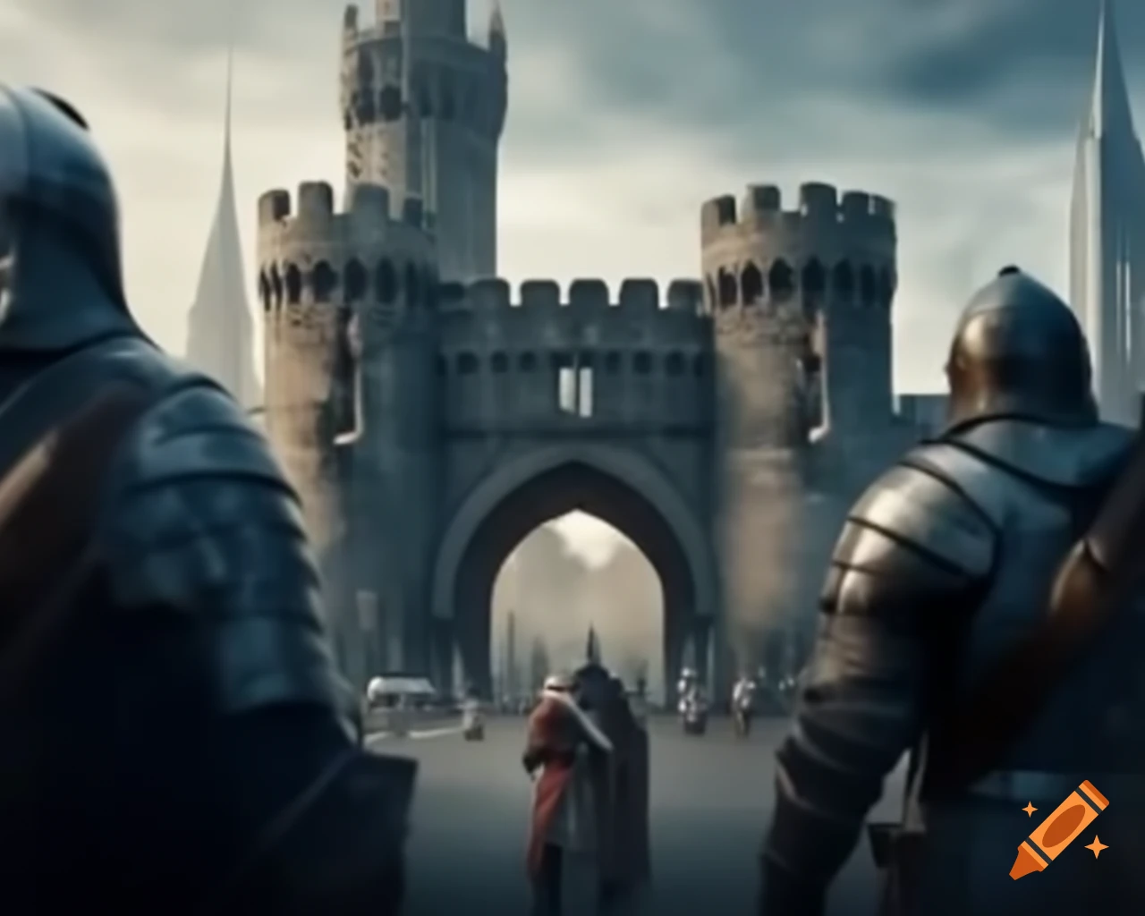 Medieval city gate with guards in light armor and swords on Craiyon