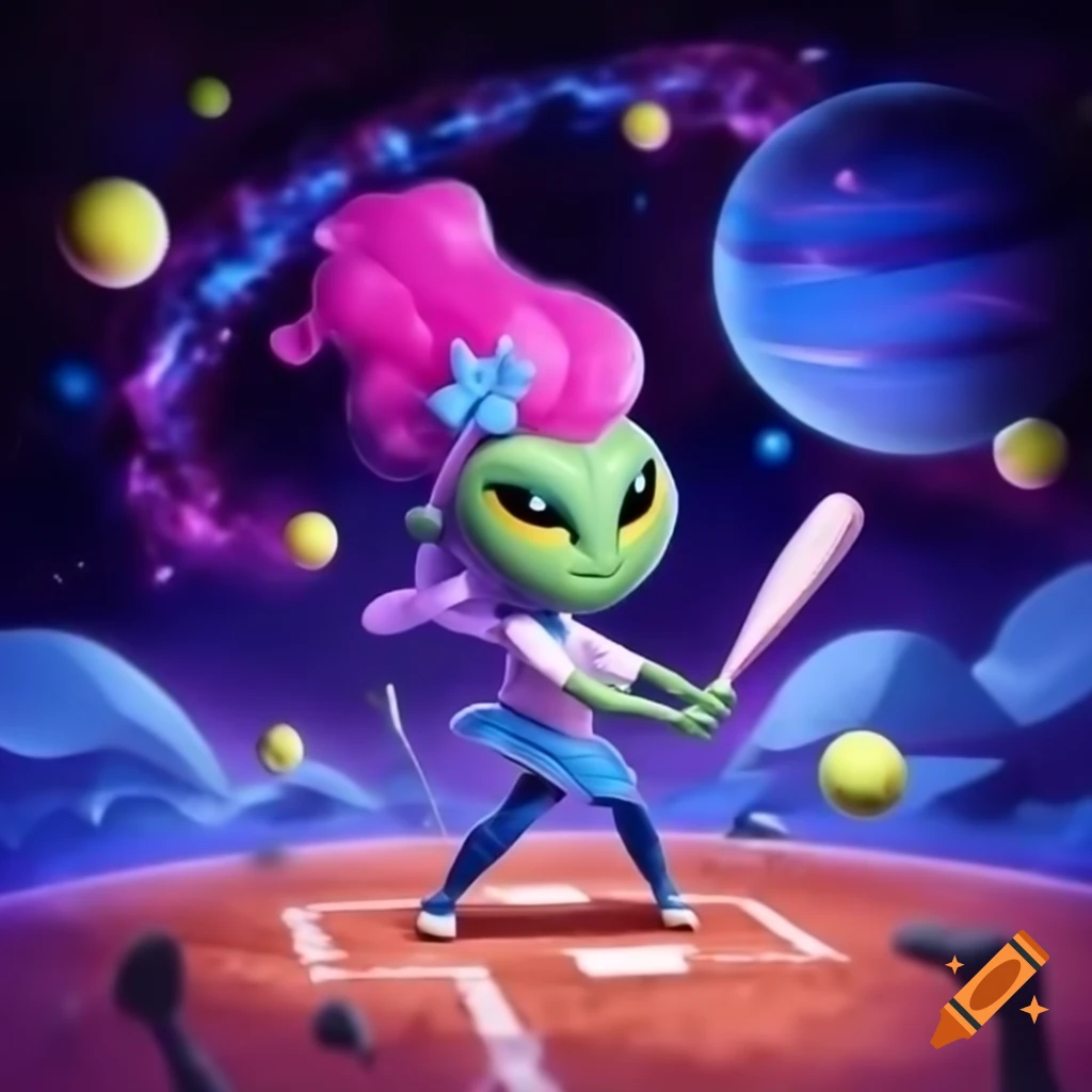 Whimsical alien girl with pink hair playing softball in intergalactic ...