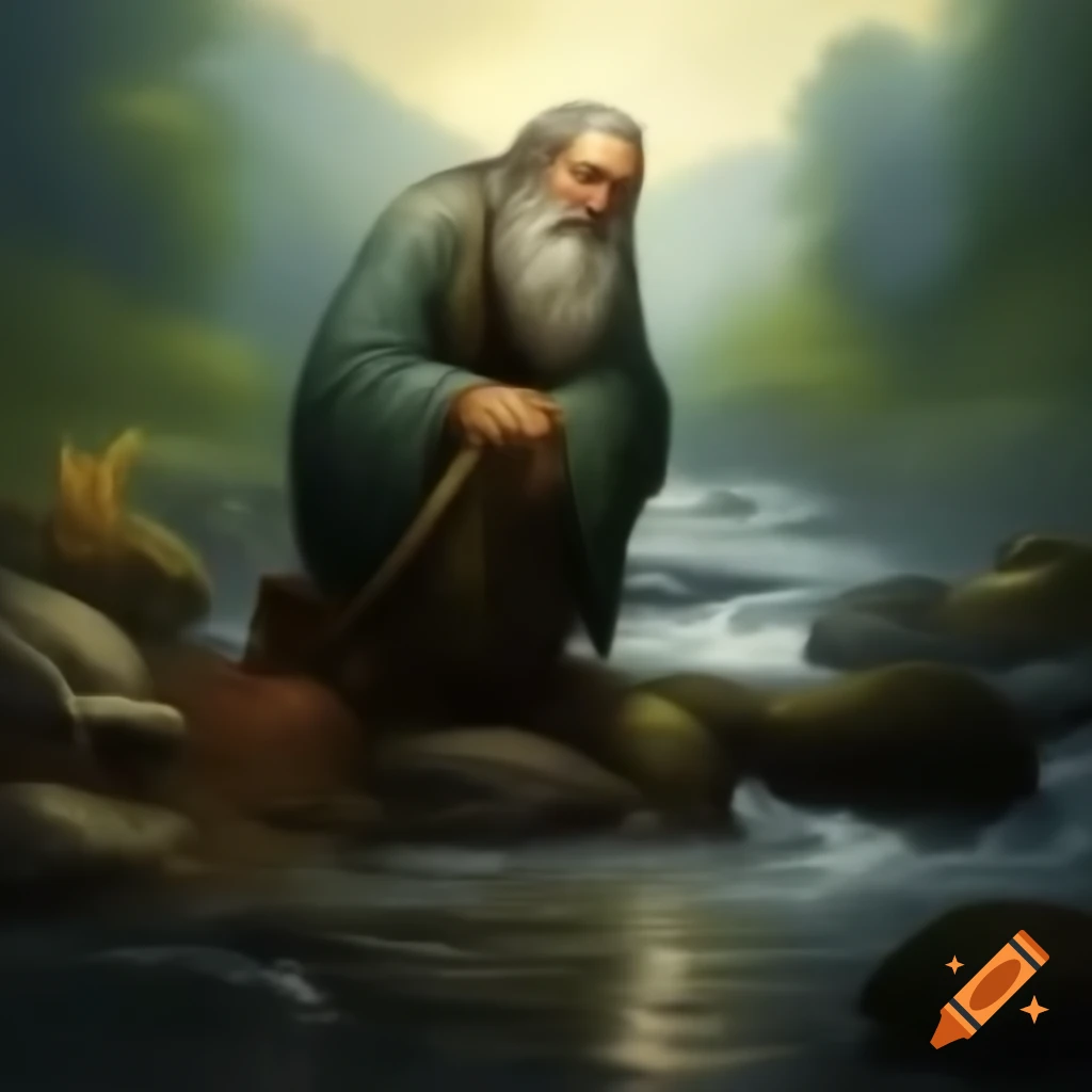 Serene riverside scene with a beggar sitting on the bank gazing at ...