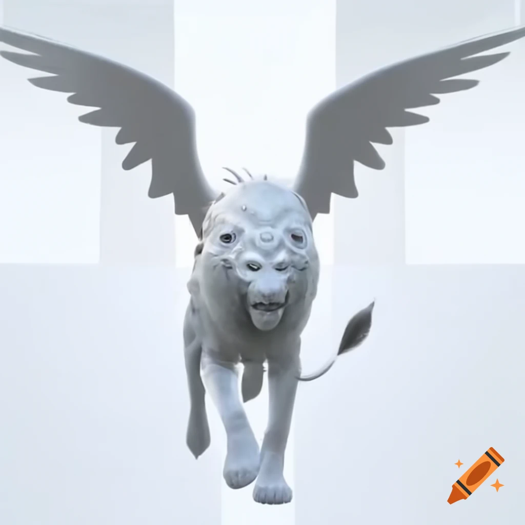 Three-dimensional silver manticore flying towards viewer against white ...