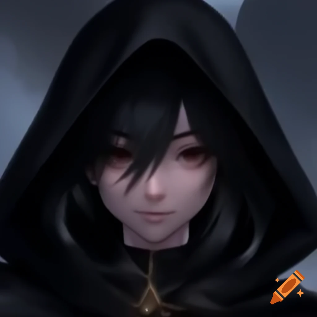 Hooded character with black hair and ambiguous gender poses elegantly ...