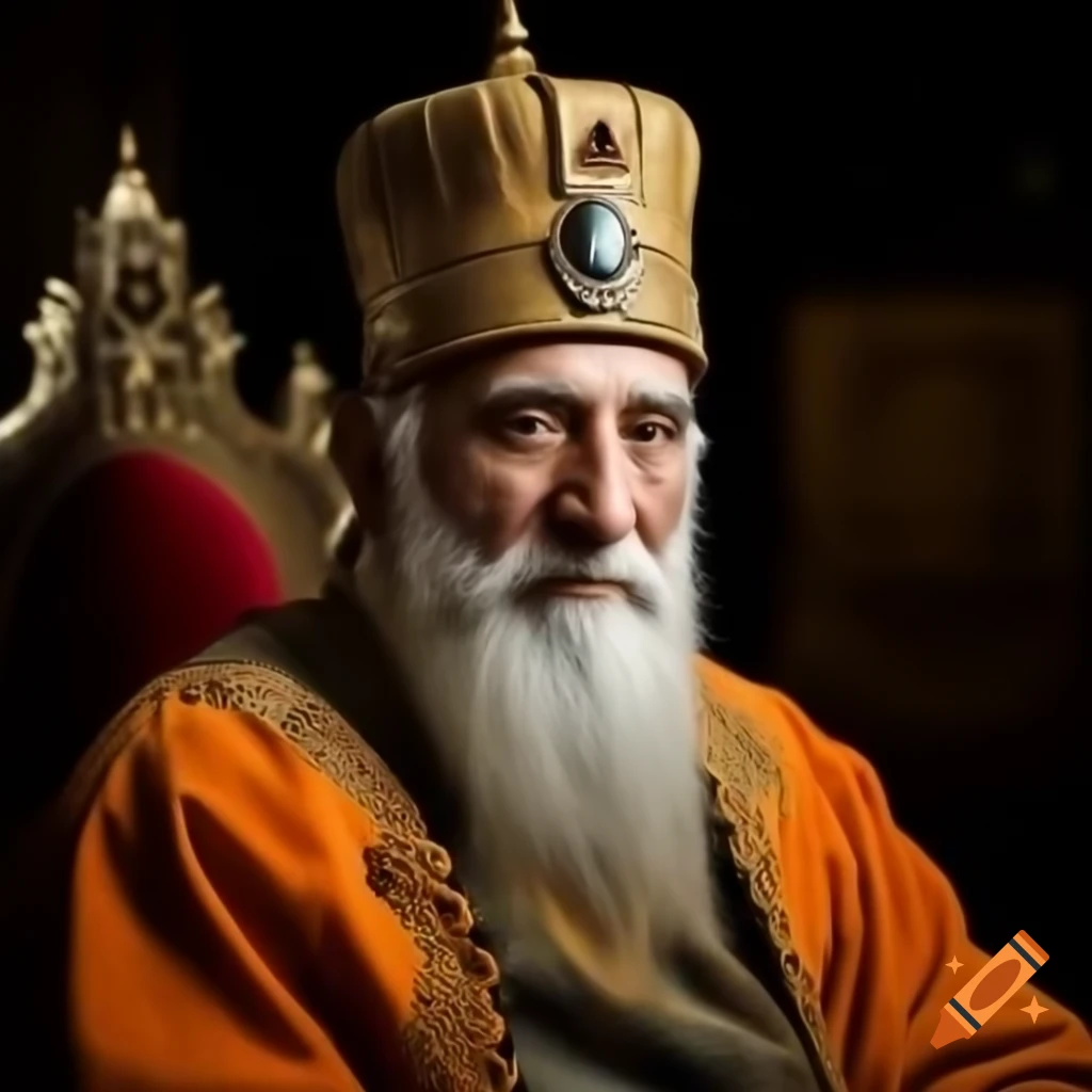 Armenian king on throne wearing orange-gold robe and golden crown on ...