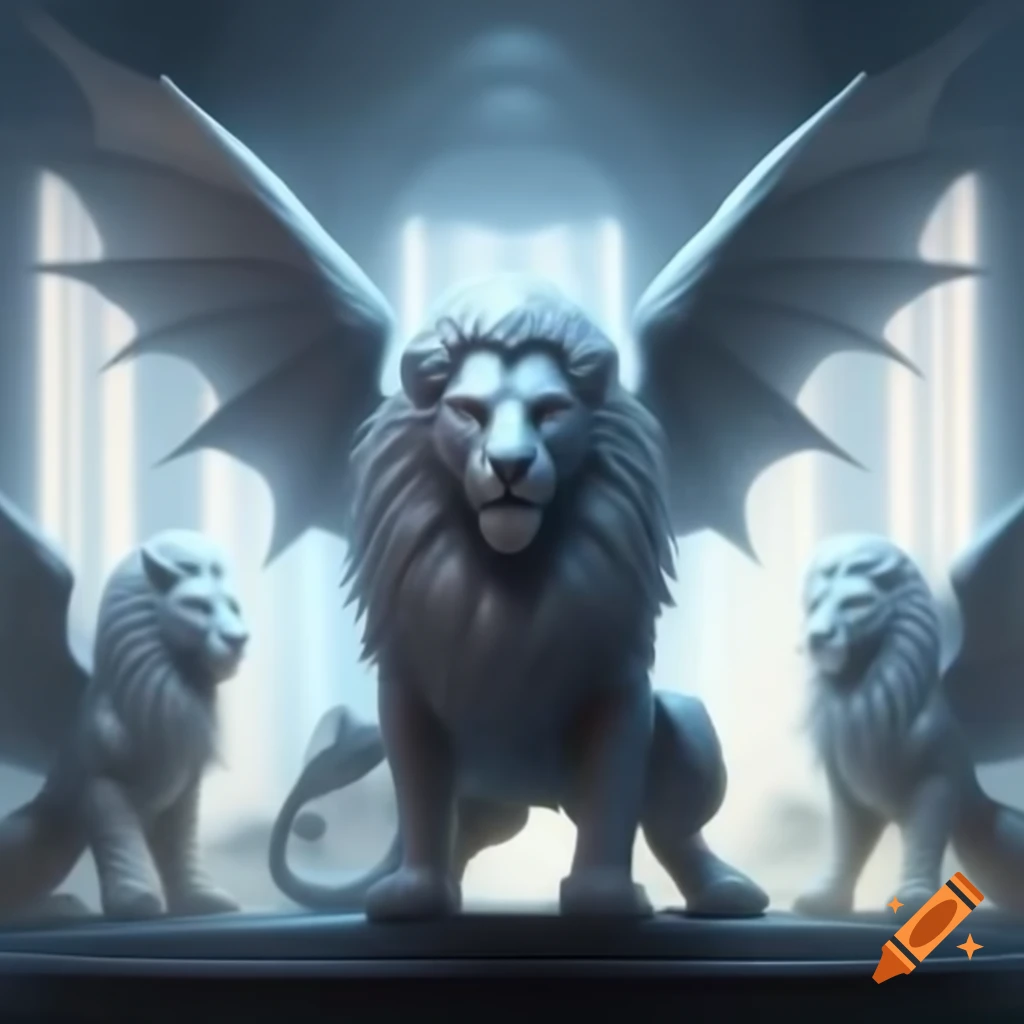 Majestic silver manticore, a mythical winged lion, on white backdrop on ...