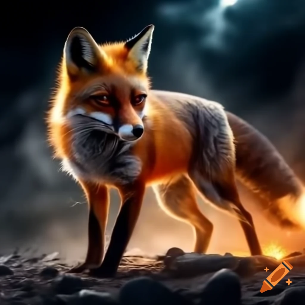 Phantom fox made of smoke and starlight ascending against night sky and ...