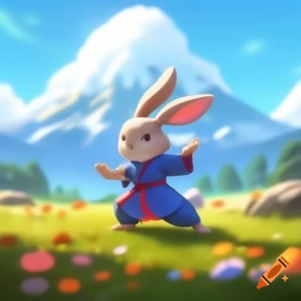 Serene rabbit in tai chi pose in sunlit meadow with snow-capped ...