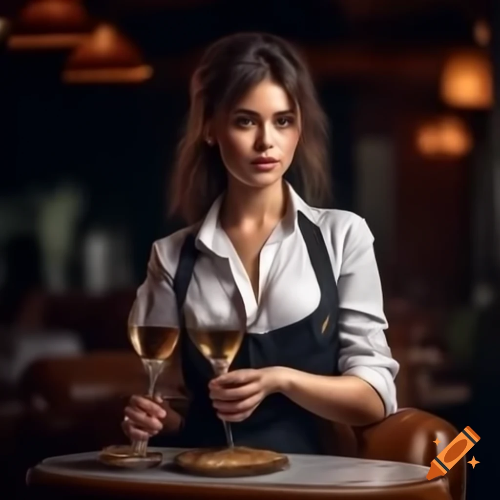 Young female British waitress serving wine at bistro on Craiyon
