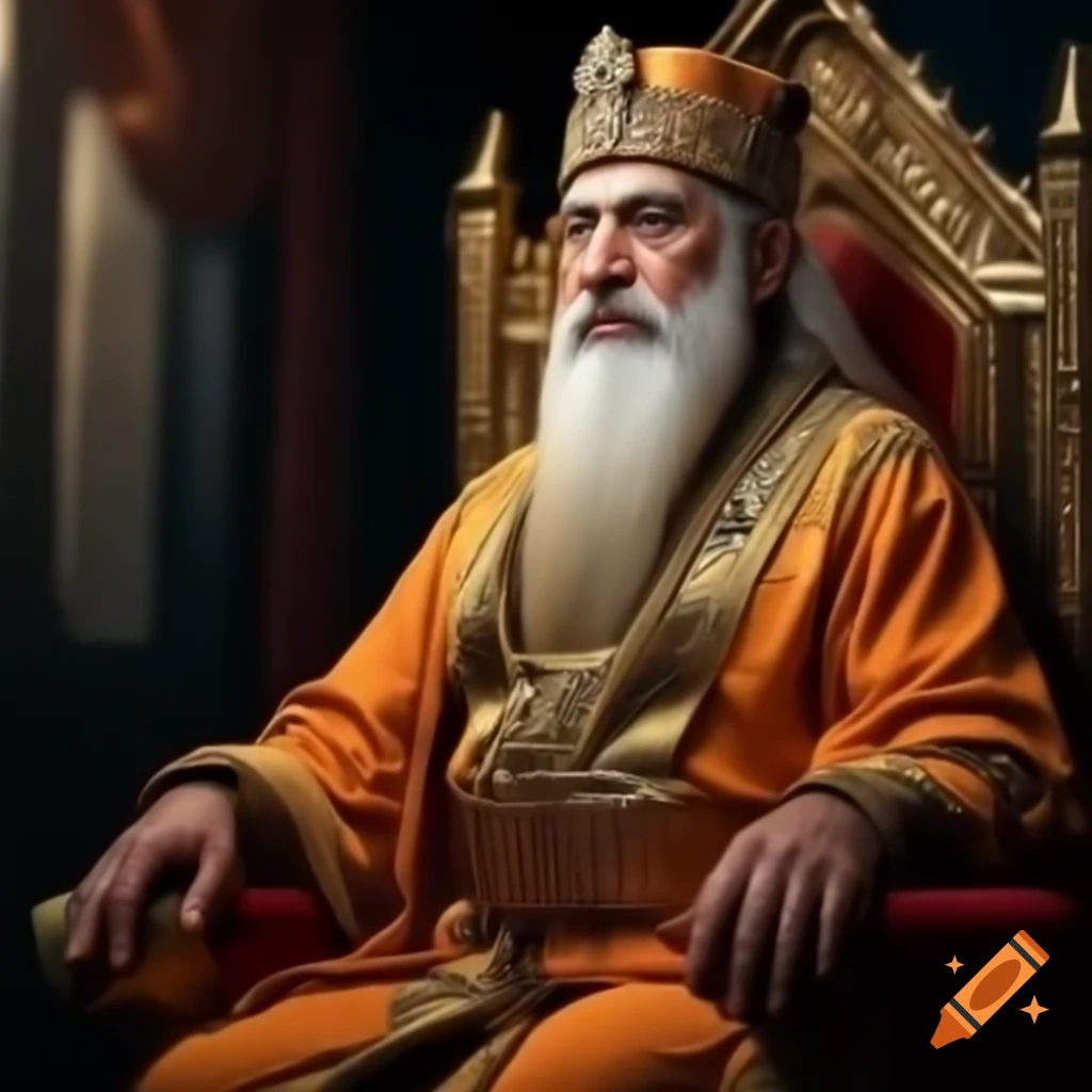 Armenian king on throne wearing orange-gold robe and golden crown on ...