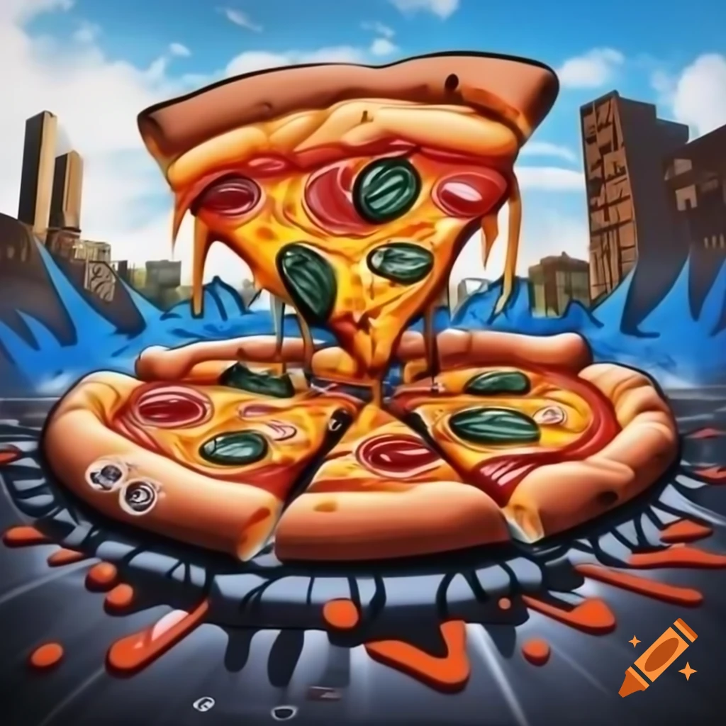 Vibrant graffiti mural of colorful pizza sliced into portions on urban ...