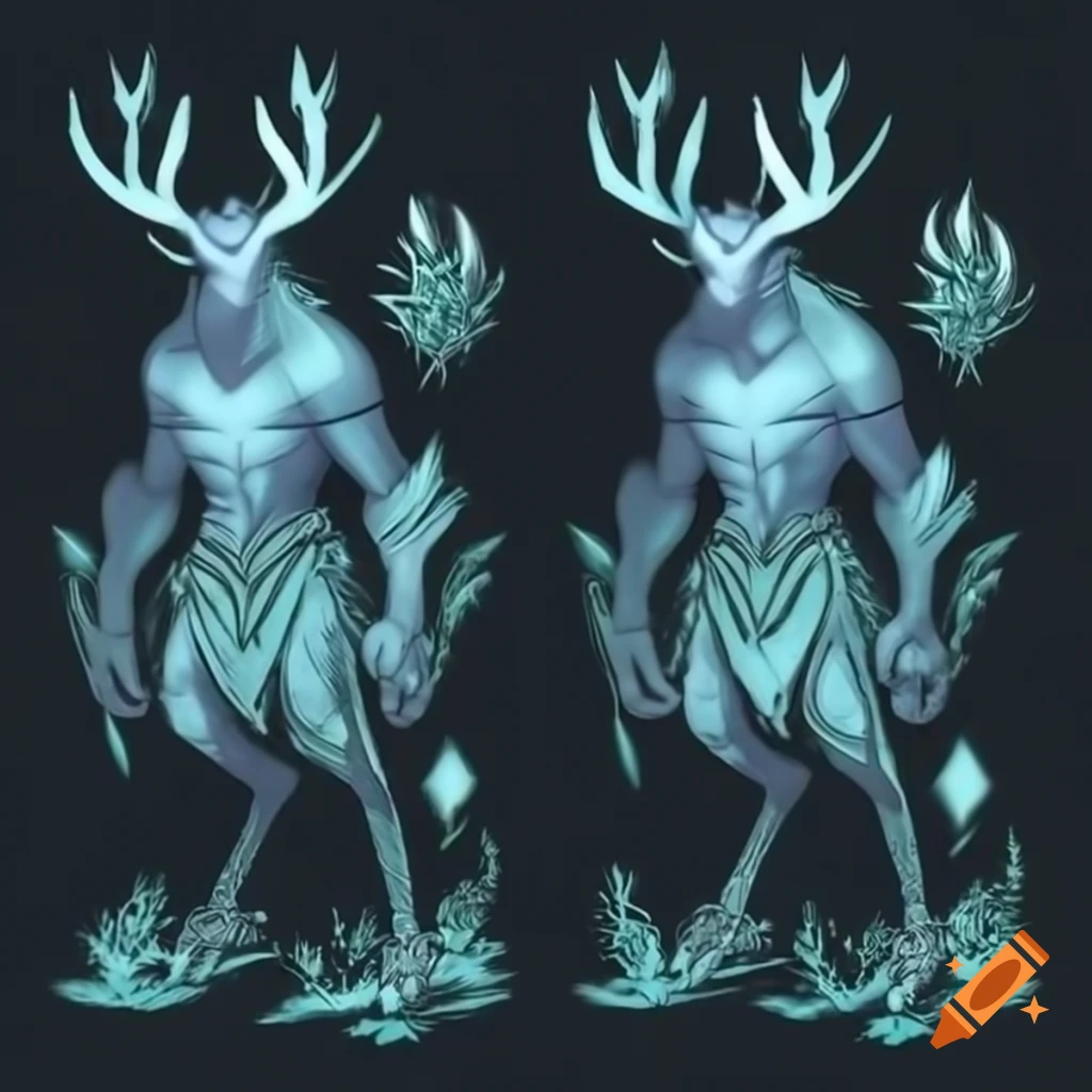 2d sprite of a mystical forest guardian with glowing antlers and moss ...