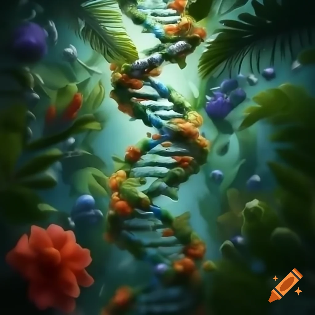 DNA double helix surrounded by leaves and flowers in vibrant colors on Craiyon