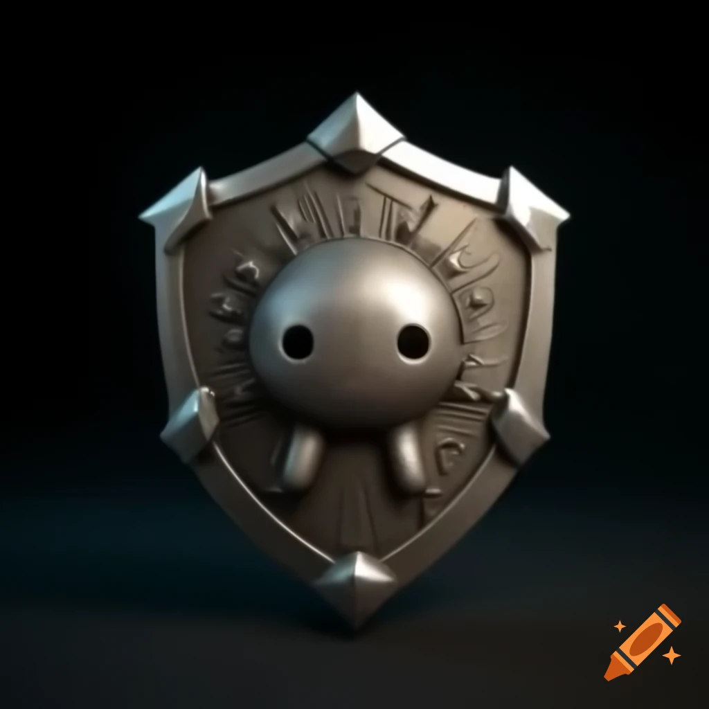 Dark metal shield emblem featuring engraved crest of cute fantasy ...