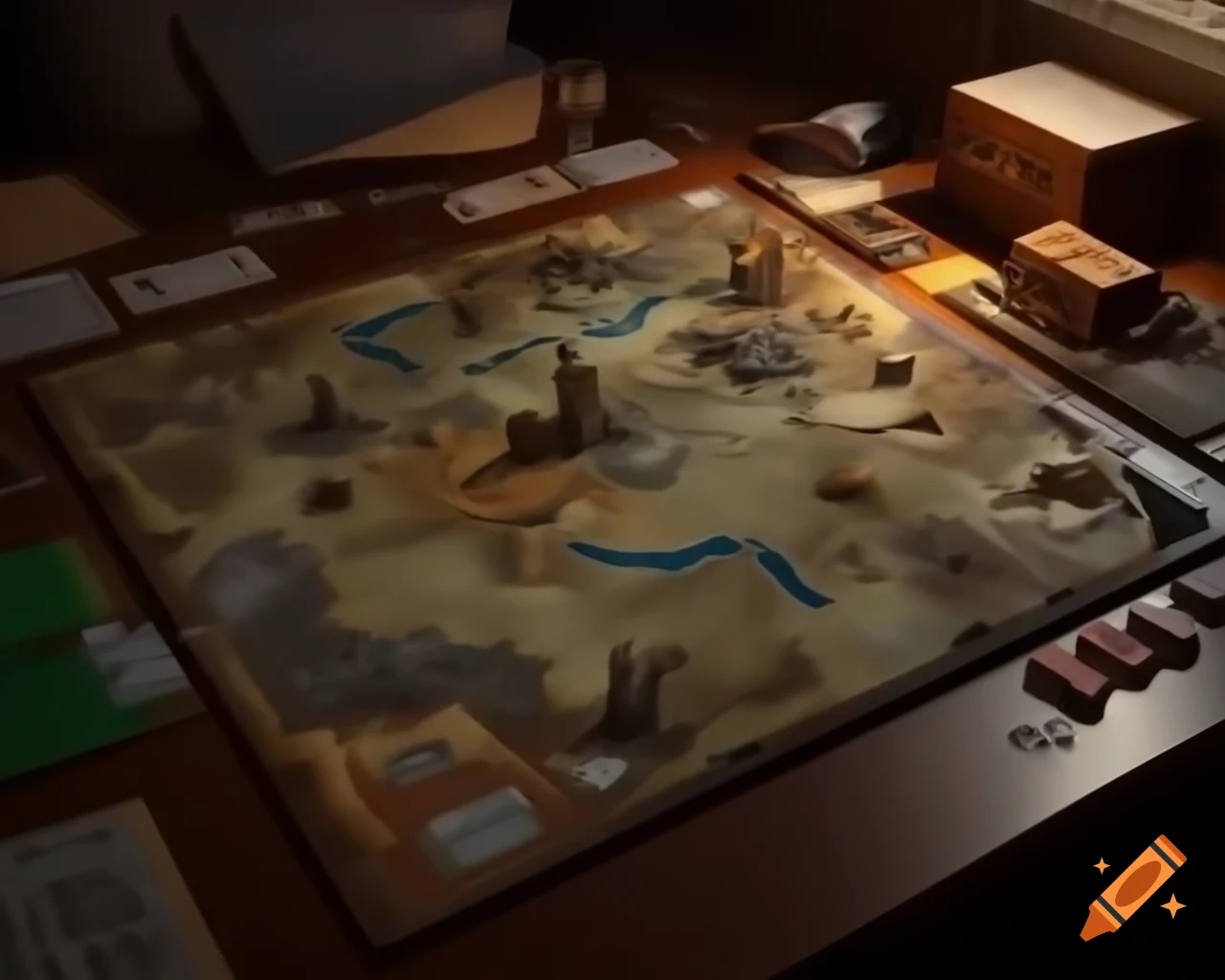 Close-up of detailed components of a tabletop board game on Craiyon