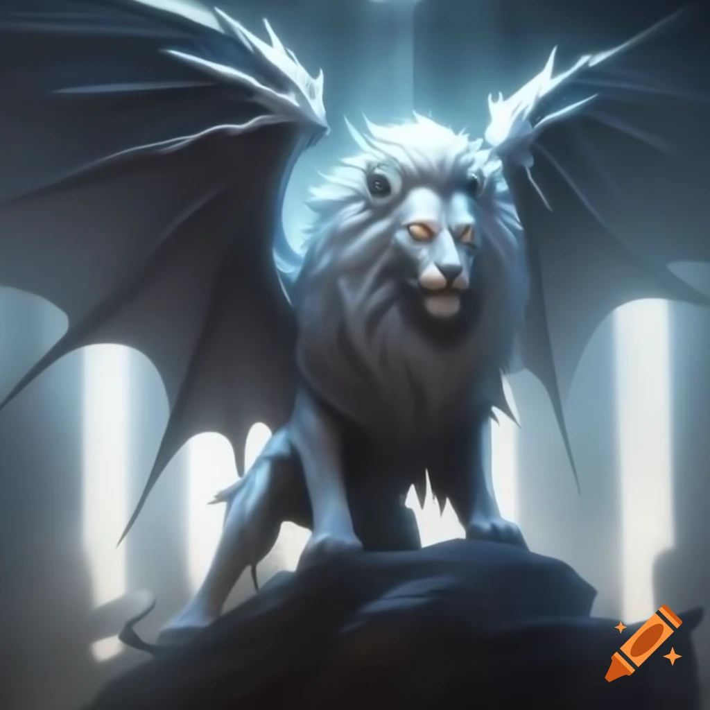 Majestic silver manticore, a mythical winged lion, on white backdrop on ...