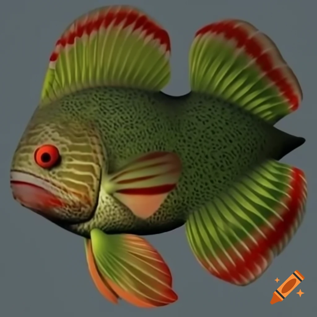Imaginary majestic fish with green and red patterns on Craiyon