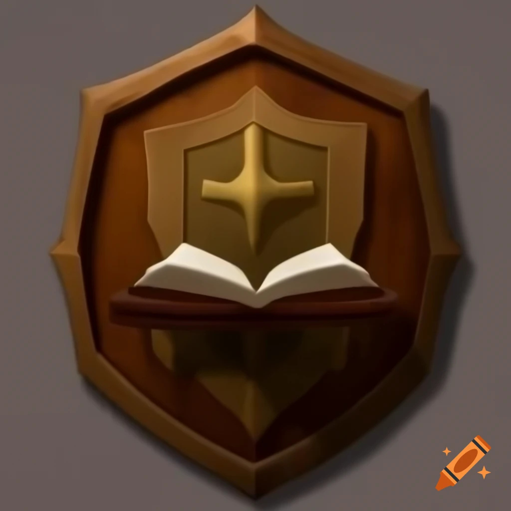 Simple book and shield symbol on wooden emblem for DND 5E on Craiyon